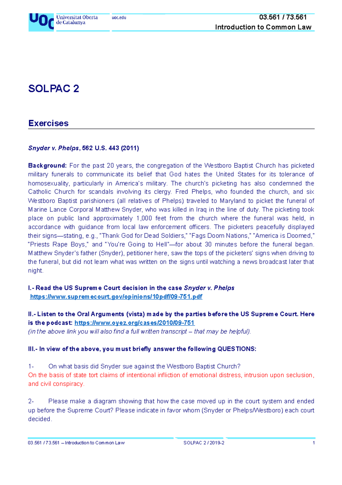Solución PEC 2 - SOL PEC 2 2020 - 03 / 73. Introduction to Common Law SOLPAC 2 Exercises Snyder ...