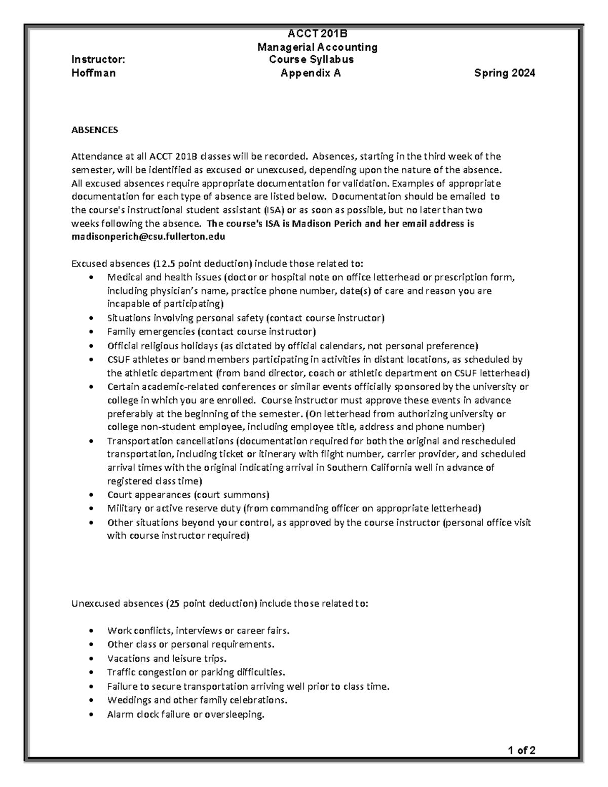 ACCT 201B Appendix A Syllabus (Spring 2024) - ABSENCES Attendance at ...