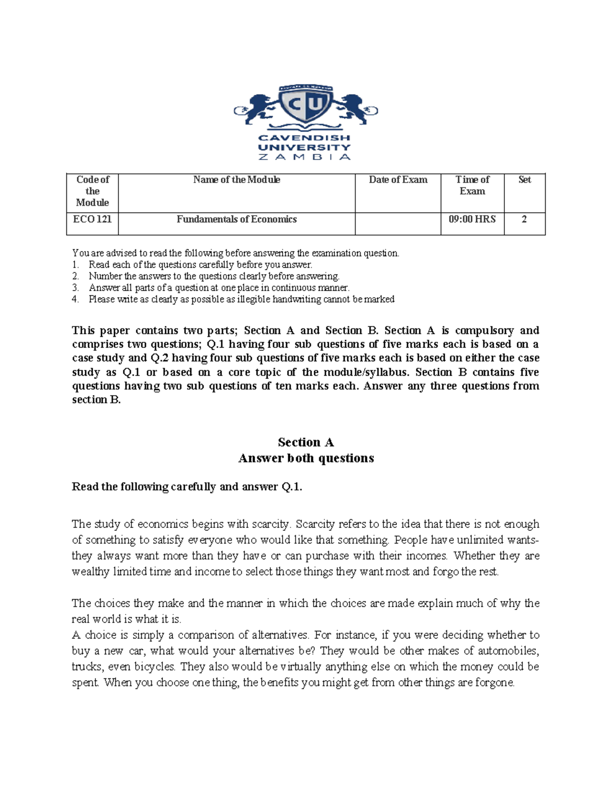 ECO 121 set 2 Fundamentals OF Economics - Code of the Module Name of the Module Date of Exam ...