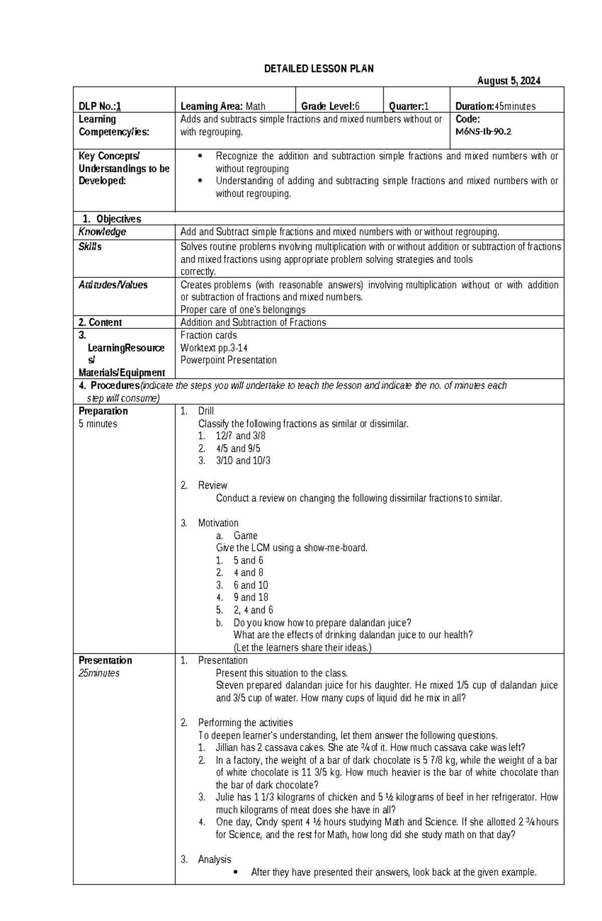 DLP MATH Q1-week 1 August 5 2024 - DETAILED LESSON PLAN August 5, 2024 DLP No.: 1 Learning Area ...