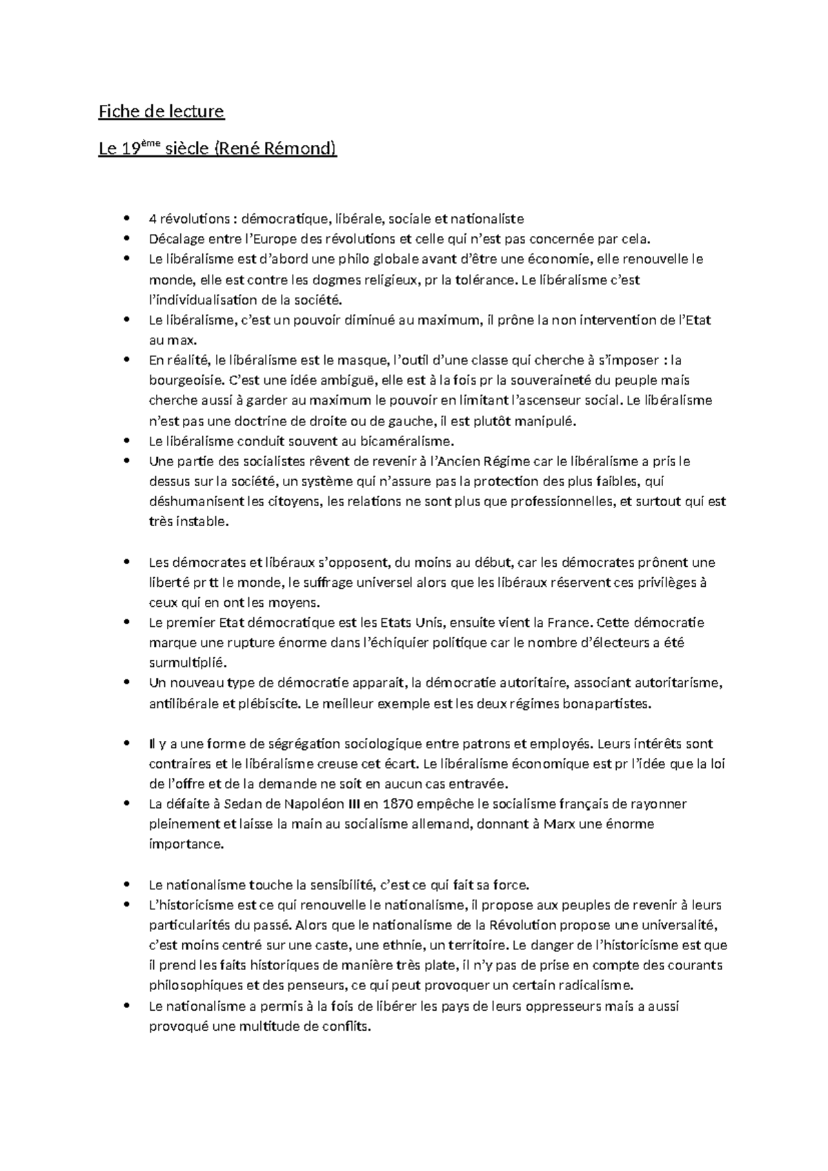 Le 19ème siècle René Rémond - Fiche de lecture Le 19 ème siècle (René ...