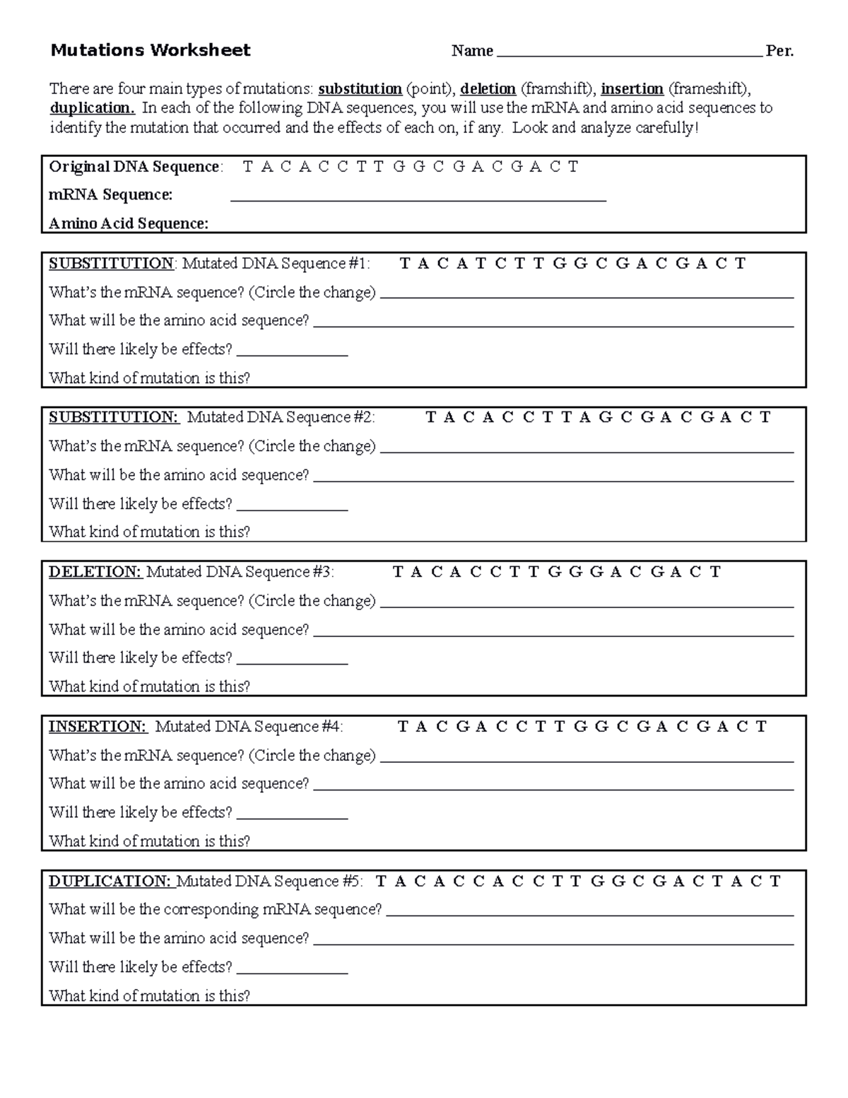 Mutations WS from Holly take 2 - Mutations Worksheet Name Per. There ...