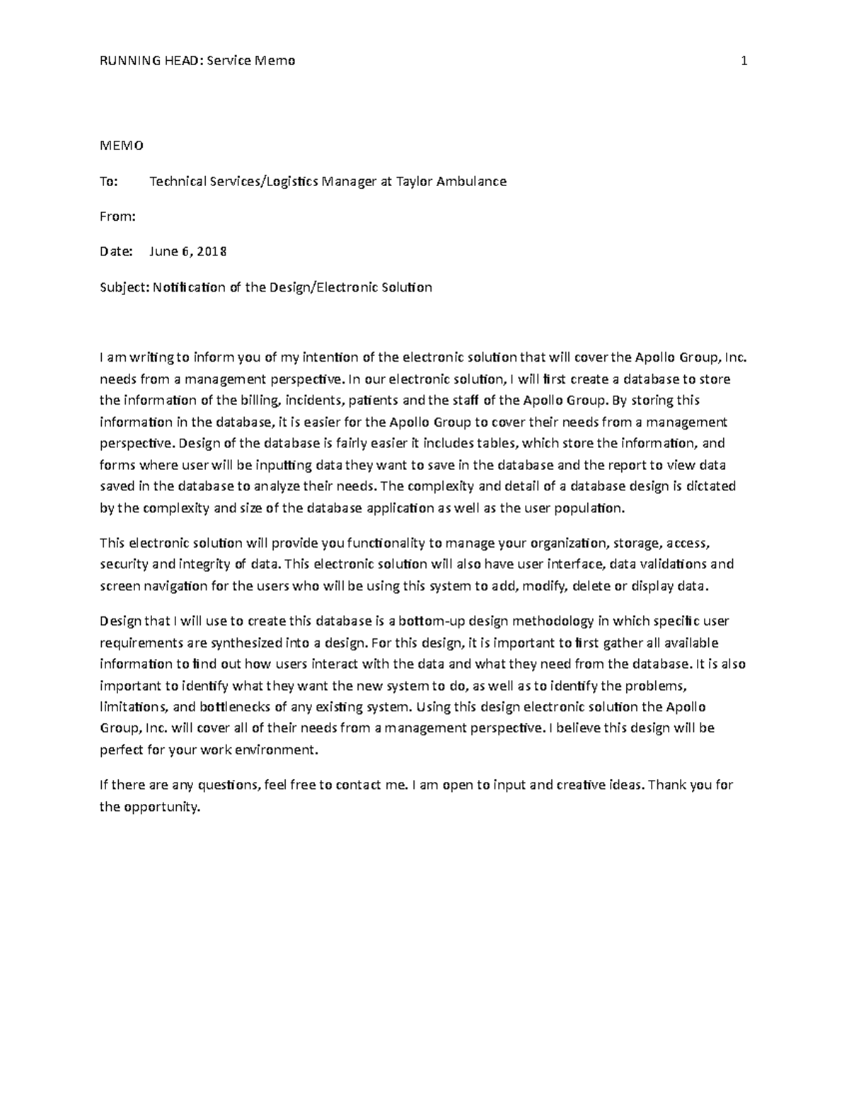 Dbm 381 week 2 paper - Grade: A - RUNNING HEAD: Service Memo 1 MEMO To ...