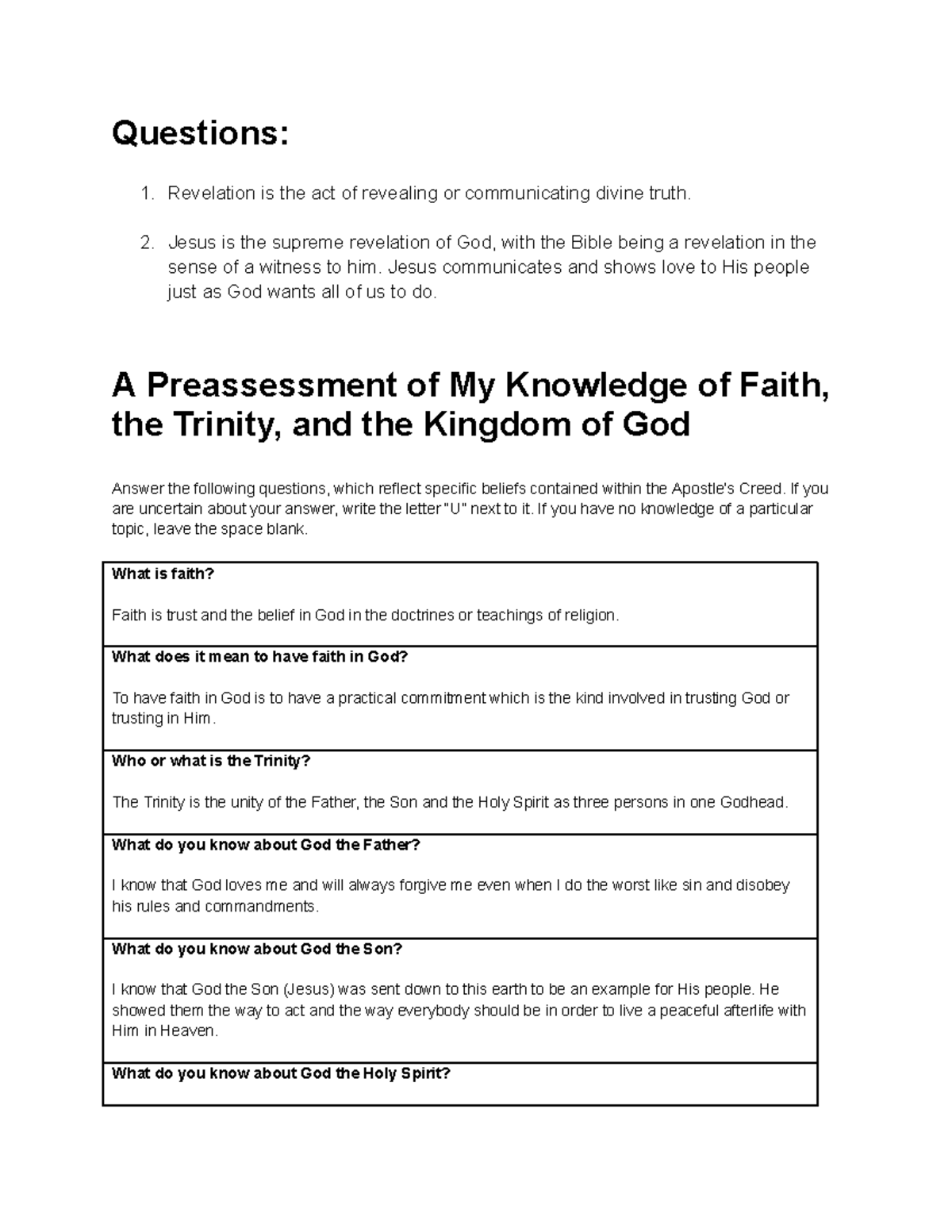 Religion work grade 10 - Questions: 1. Revelation is the act of ...