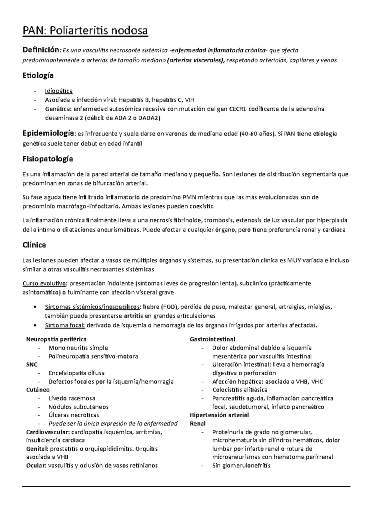PAN - apunte - PAN: Poliarteritis nodosa Definición: Es una vasculitis ...