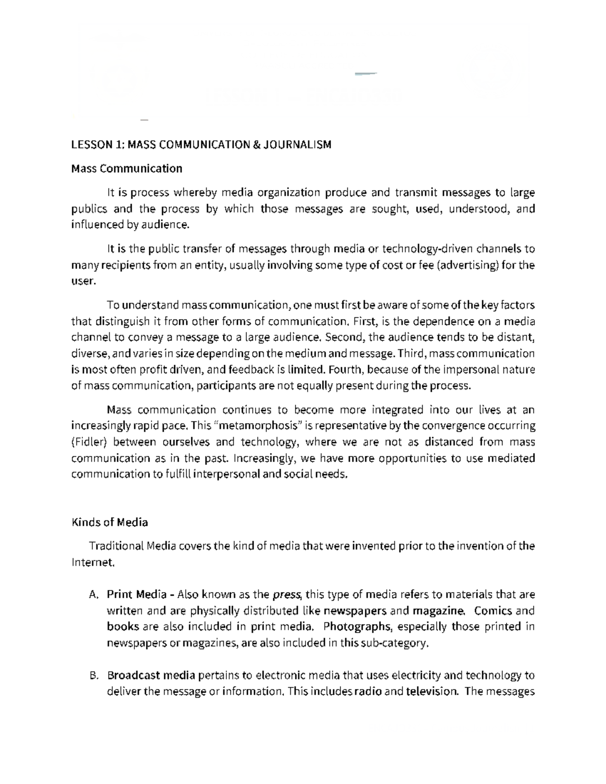 MASS Communication AND Journalism - Campus Journalism - LESSON 1 ...