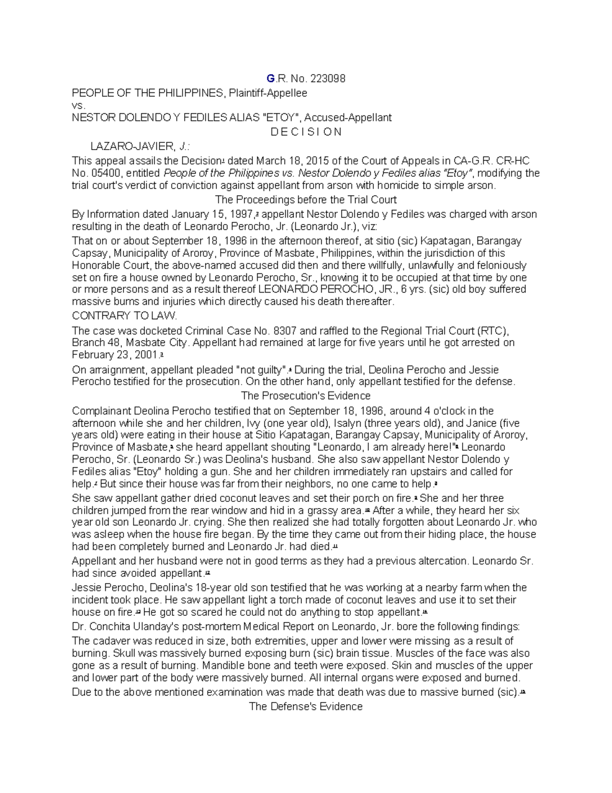 Arson - Supreme Court Decision, Case Digest - G. No. 223098 PEOPLE OF ...