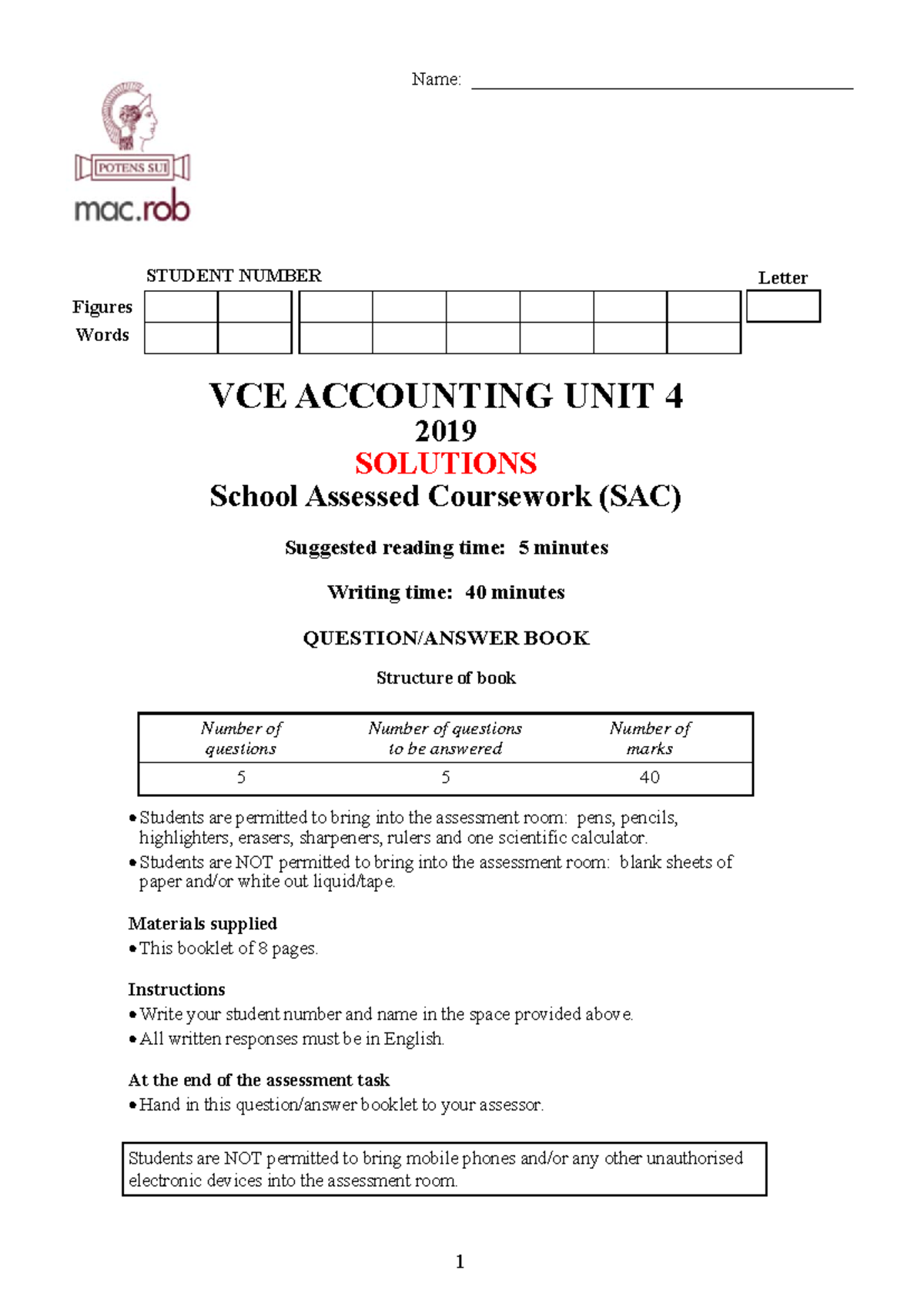 SOL-Budgeting SAC 2019 - VCE ACCOUNTING UNIT 4 2019 SOLUTIONS School ...