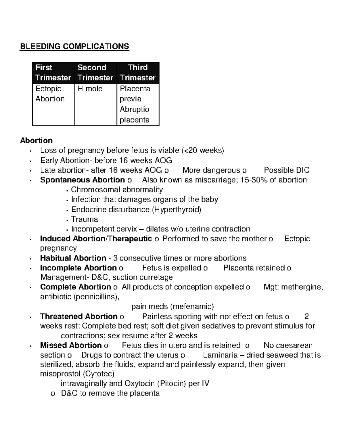 Bleeding Complications - BLEEDING COMPLICATIONS First Trimester Second Trimester Third Trimester ...