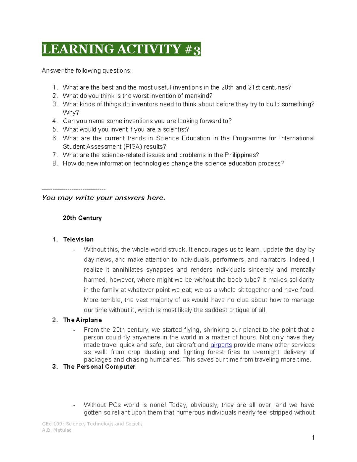 Learning Activity #3 - LEARNING ACTIVITY Answer the following questions ...