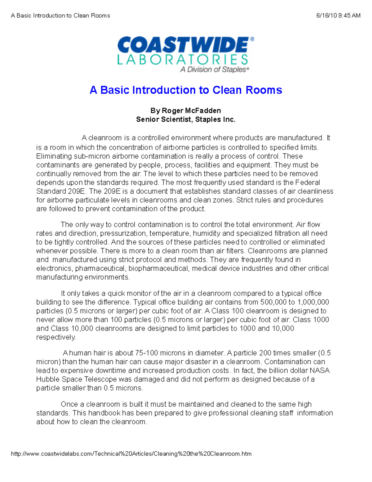 R1 - A Basic Introduction to Clean Rooms - A Basic Introduction to ...