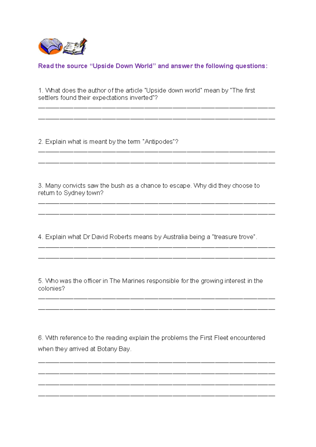 Upside Down World and the Early Years Worksheet - Read the source “Upside Down World” and answer ...