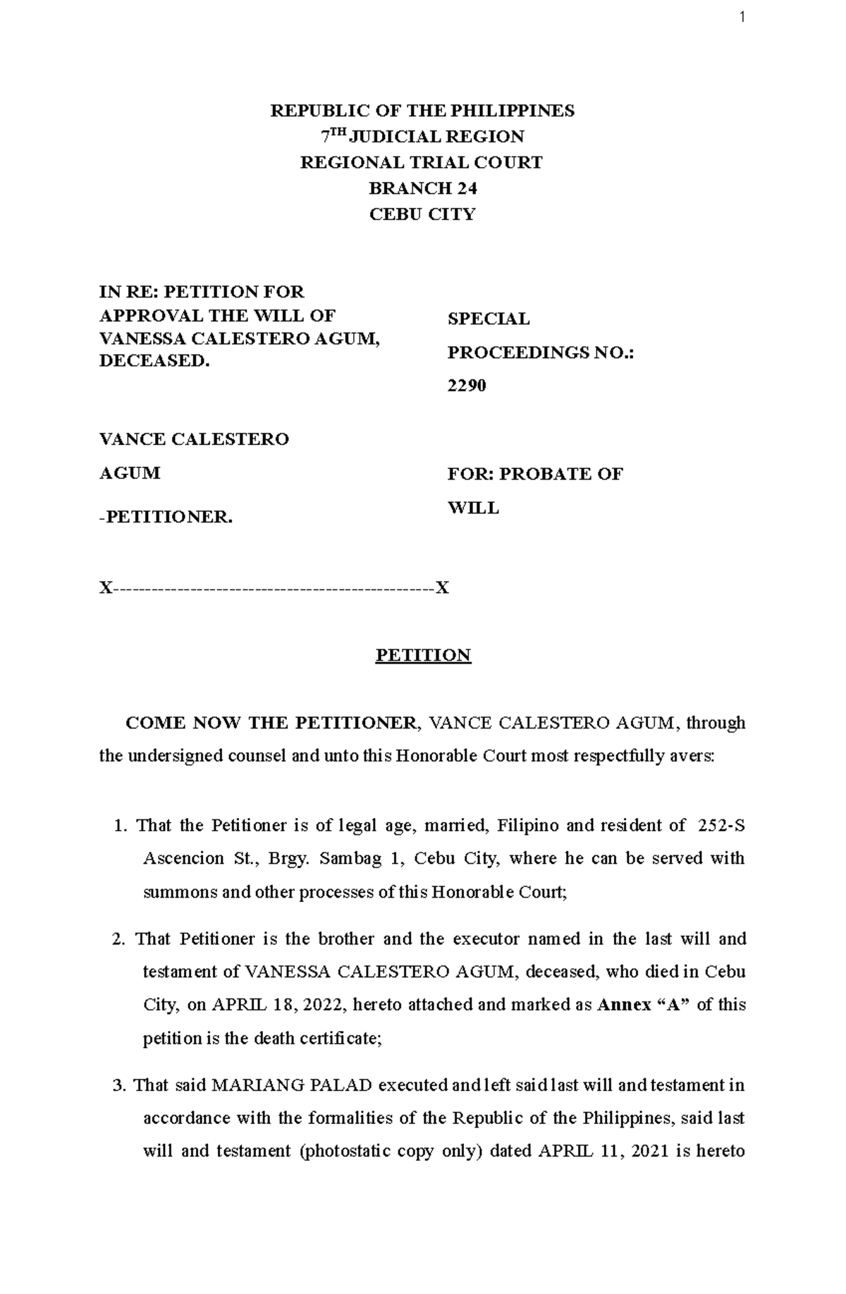 Petition for Allowance of a Will - REPUBLIC OF THE PHILIPPINES 7 ...