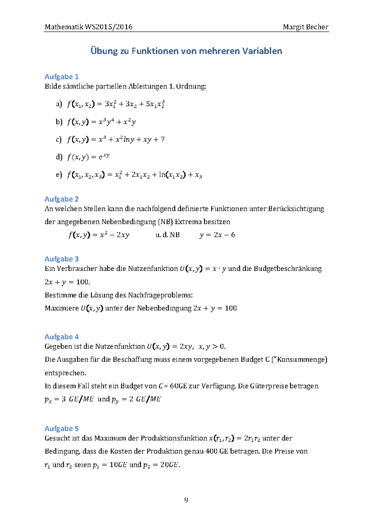 Übung zu Funktionen von mehreren Variablen - Mathematik WS2015/2016 ...