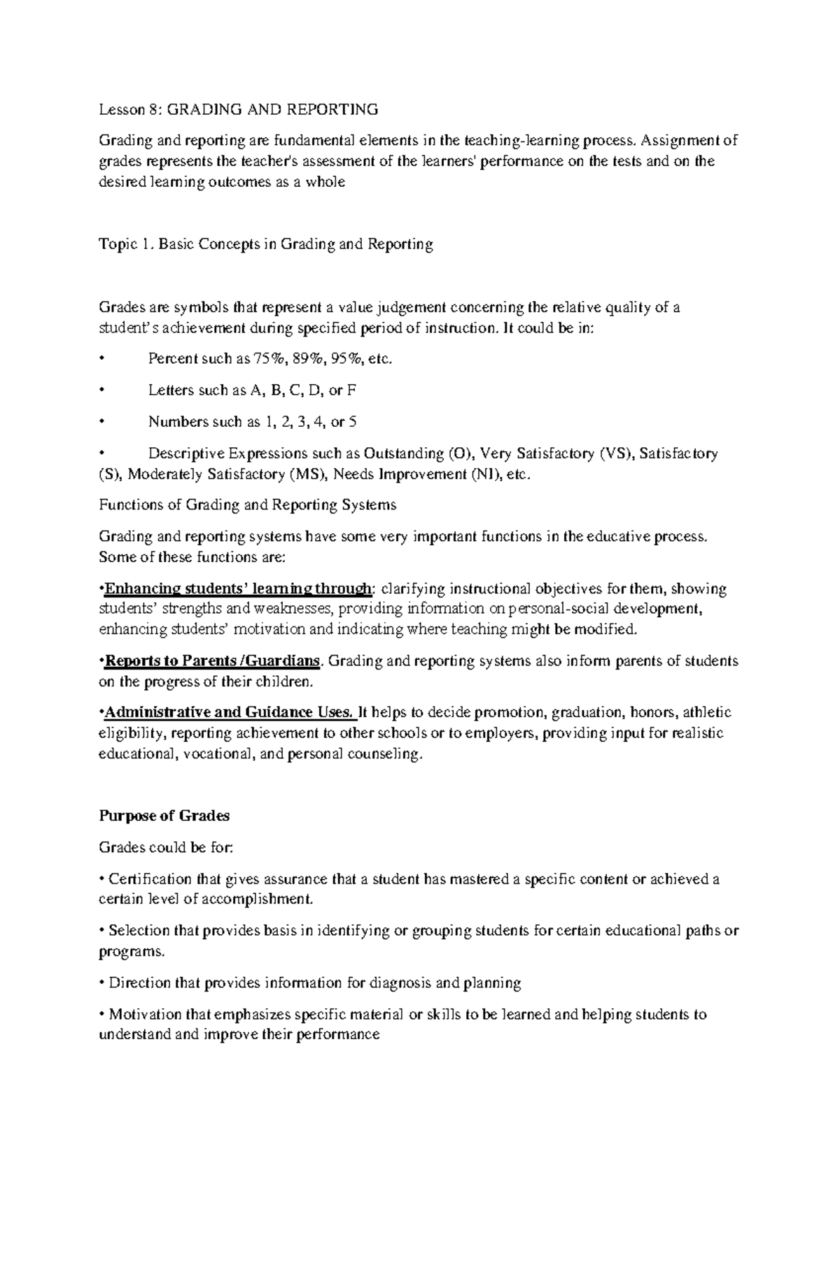 Lesson 8 - notes in assessment of learning - Lesson 8: GRADING AND ...