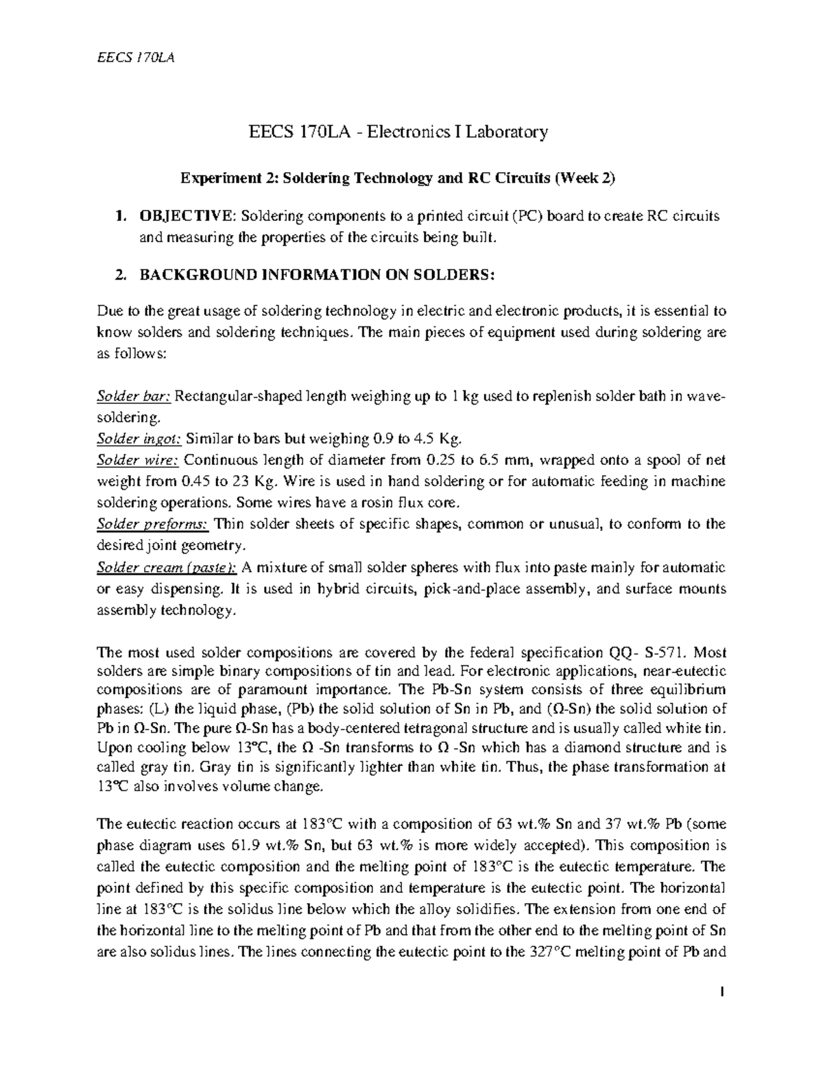 EECS 170 LA exp2 - EECS170A Lab2 - EECS 170LA 1 EECS 170LA - Electronics I Laboratory Experiment ...