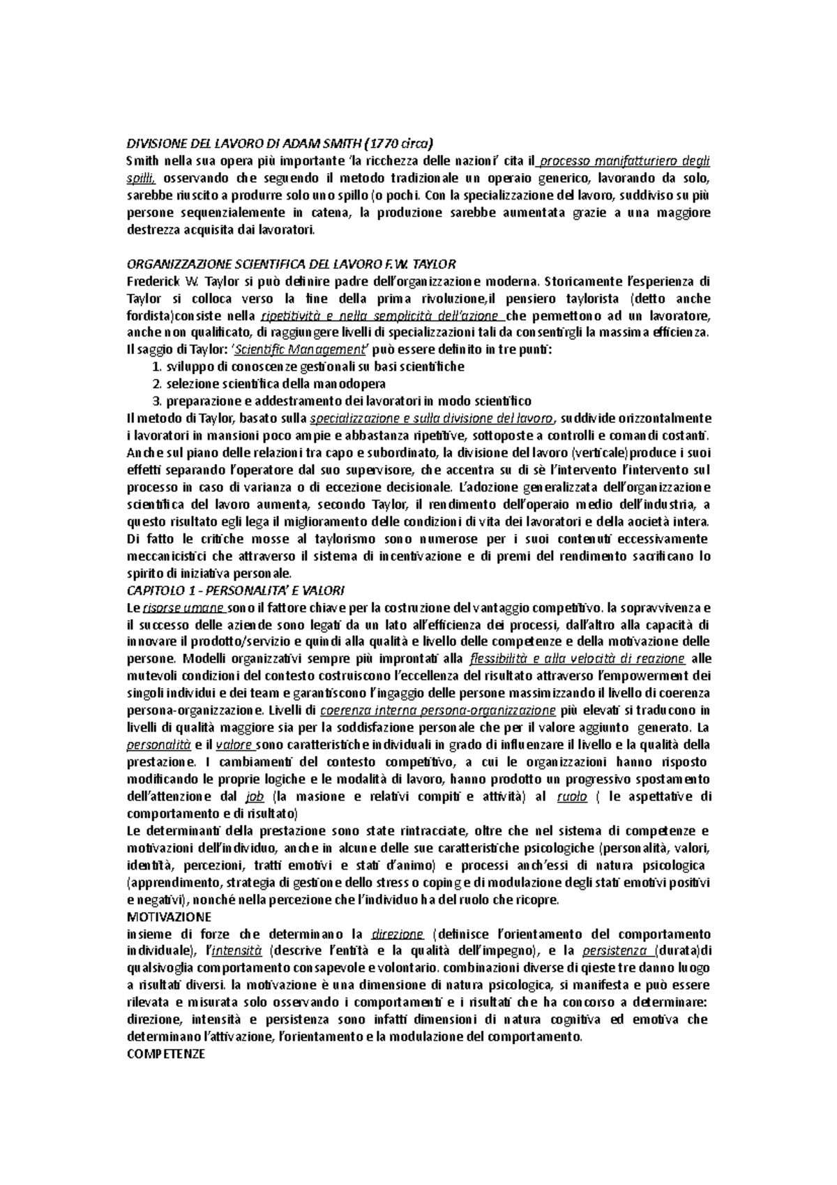 Organizzazione aziendale 1°parziale - DIVISIONE DEL LAVORO DI ADAM ...