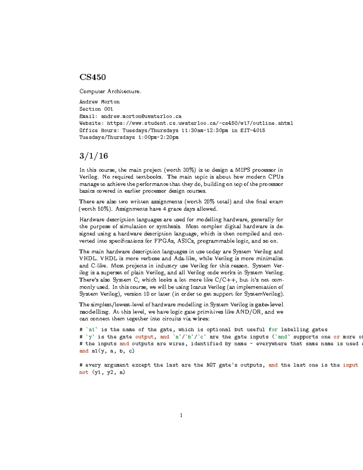 Cs450 Lecture Notes Cs Computer Architecture Andrew Morton Section 001 Email Andrew