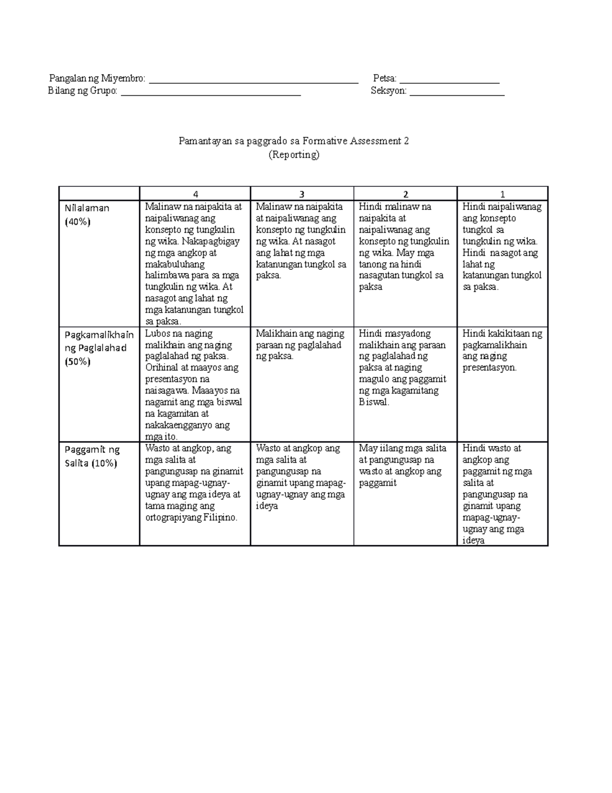 Rubric (Presentasyon) - Pangalan ng Miyembro ...