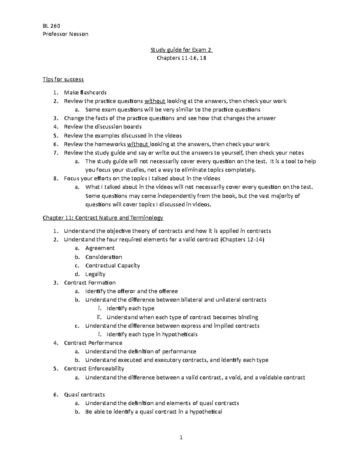 BL 260 Exam 2 Study Guide - Professor Nesson Study guide for Exam 2 ...