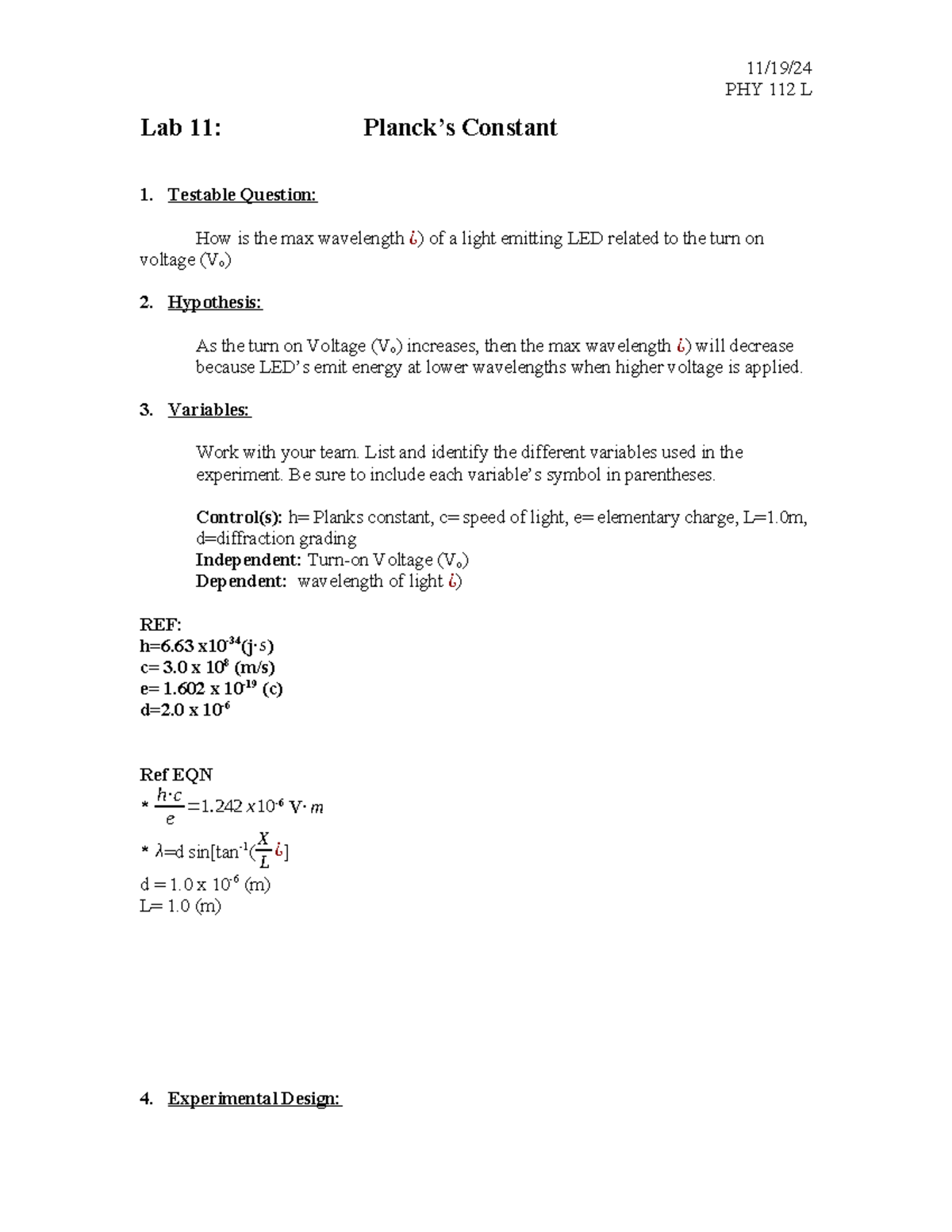 Phy 112 lab 11 planks constant - PHY 112 L Lab 11: Planck’s Constant ...