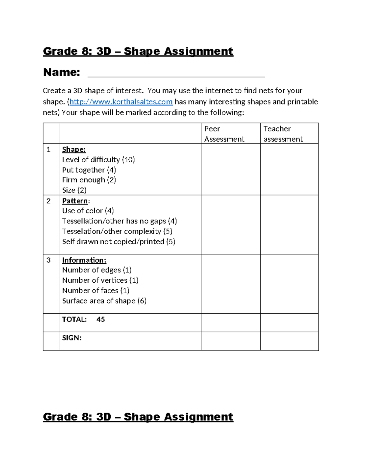 3D shape assignment - Grade 8: 3D – Shape Assignment Name