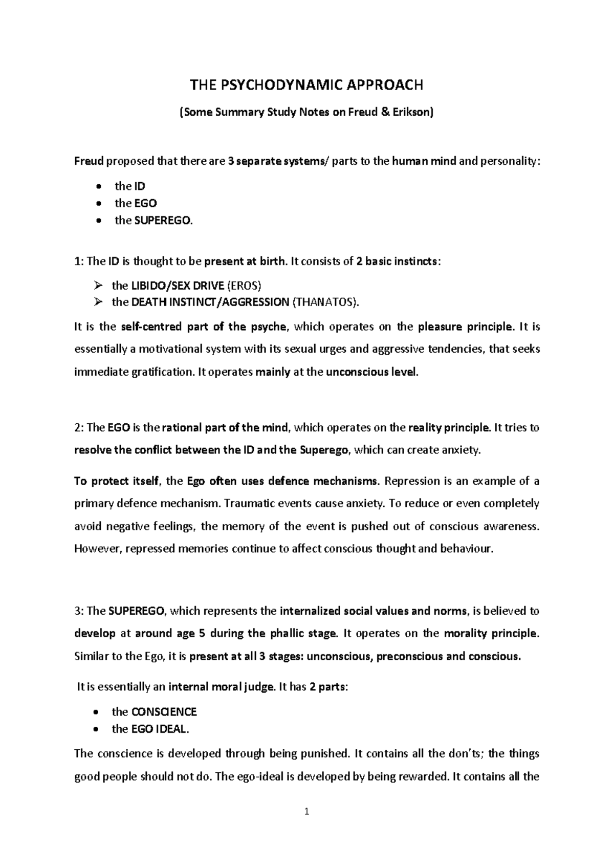 THE Psychodynamic Approach (Summary Study Notes) - THE PSYCHODYNAMIC ...