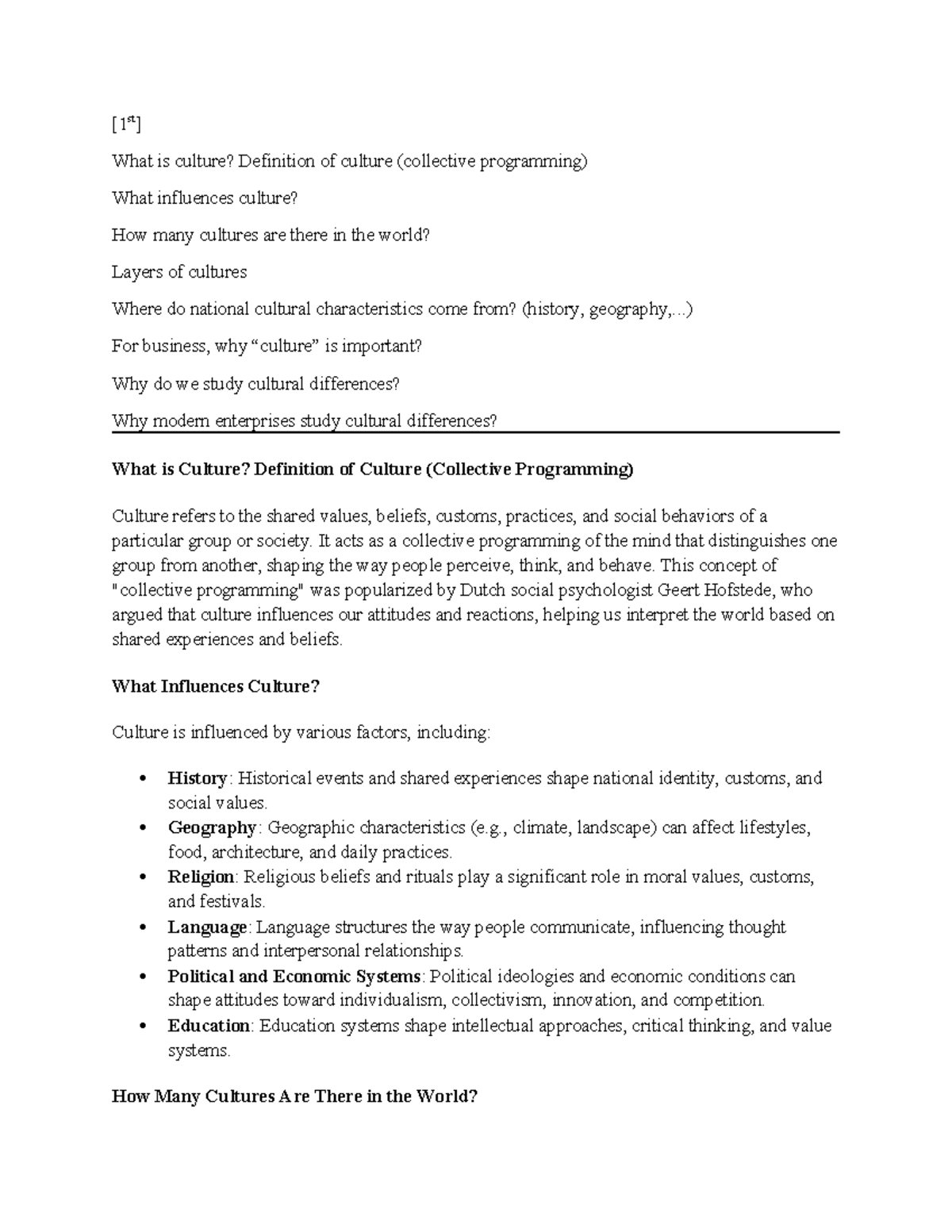 Cross culture notes 1st - [1st] What is culture? Definition of culture ...