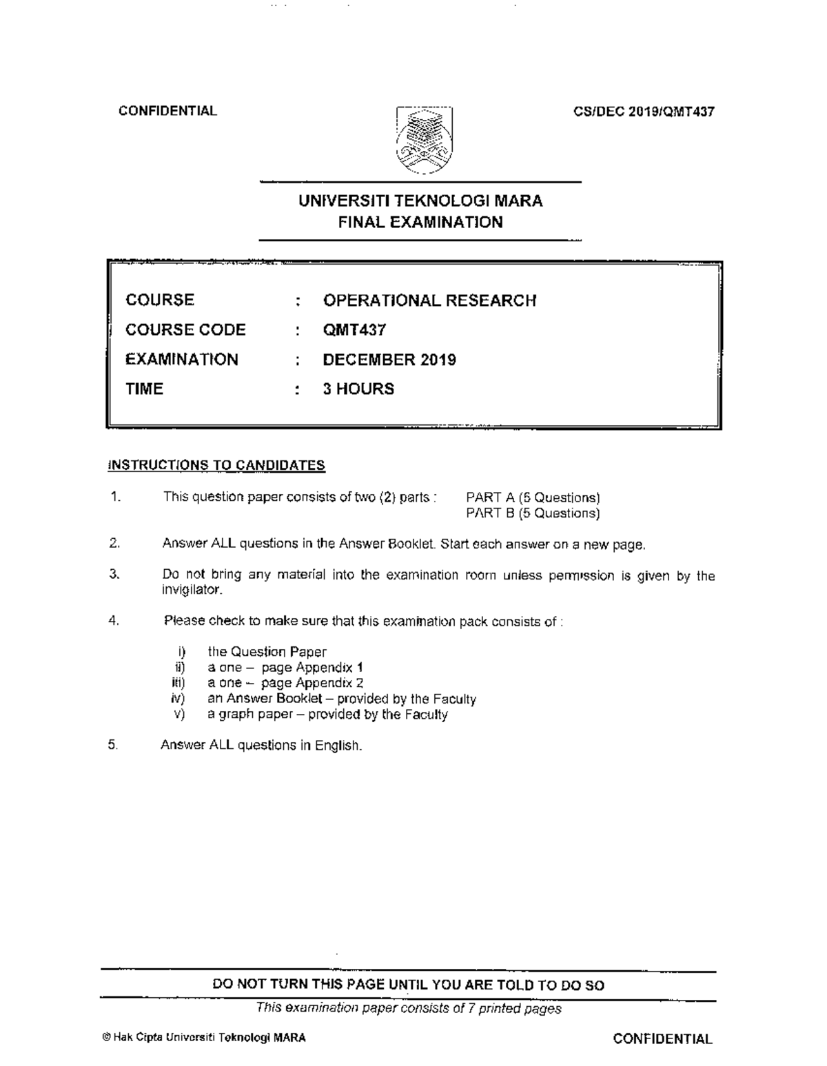 QMT437_ Operational research Past Year2019 - UTM - Studocu