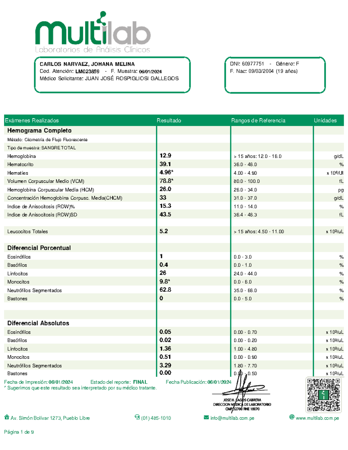 Multilab :Paciente Carlos Narváez Johana - DNI: 60977751 - Género: F F. Nac: 09/03/2004 (19 años ...