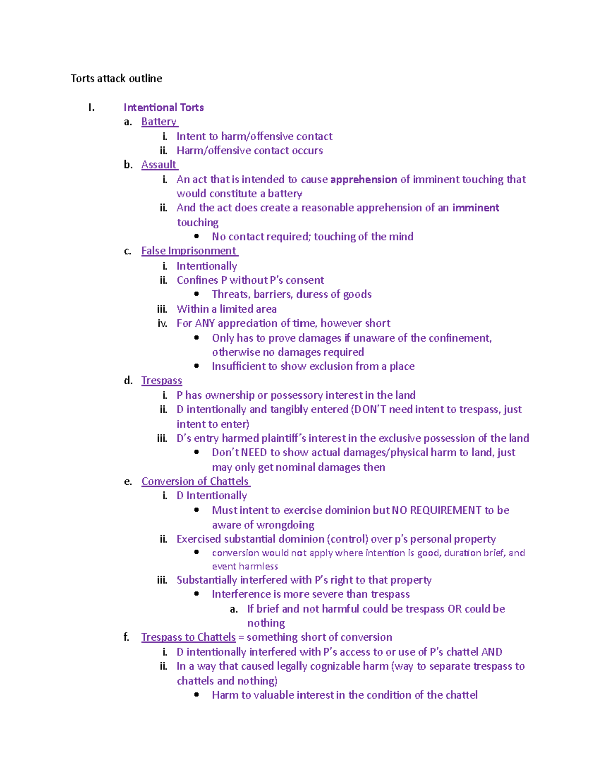 Attack outline midterm - Torts attack outline I. Intentional Torts a ...