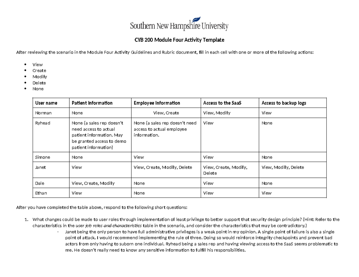 4-3 Activity - Access table - CYB 200 Module Four Activity Template ...