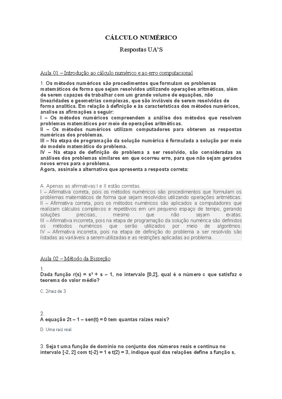 UA'S - Cálculo Numérico - CÁLCULO NUMÉRICO Respostas UA’S Aula 01 ...