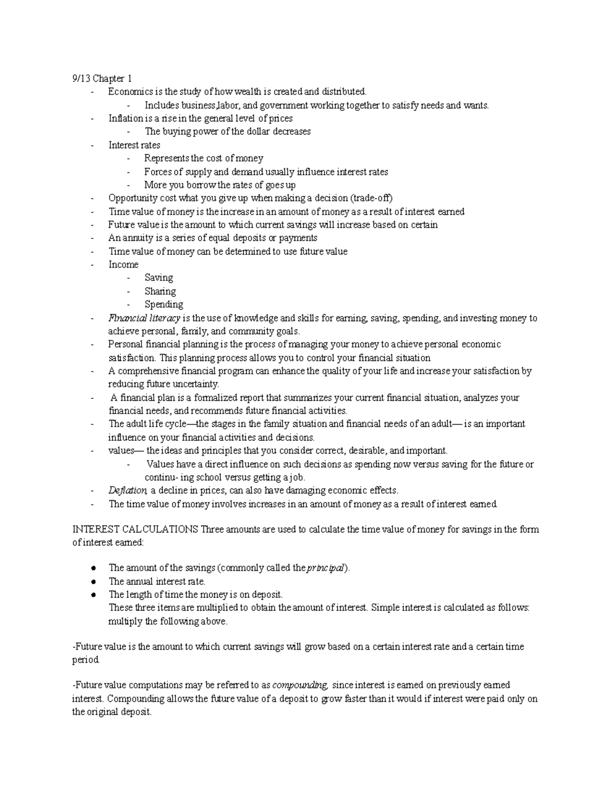 Fin notes - Chapters 1-8 - 9/13 Chapter 1 - Economics is the study of ...