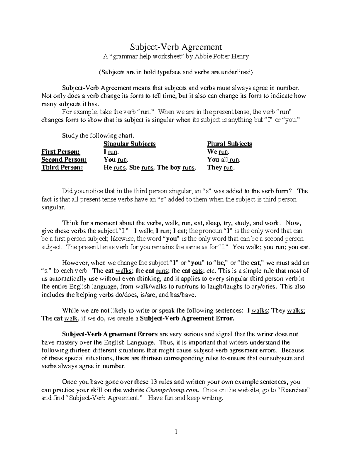 13Rulesof Subject-Verb Agreement - Subject-Verb Agreement A “grammar ...