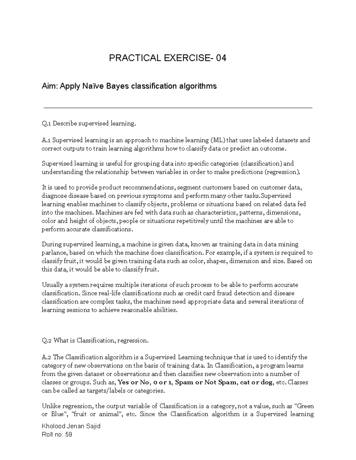 AIML 4 - notes for ai - PRACTICAL EXERCISE- 04 Aim: Apply Naïve Bayes ...