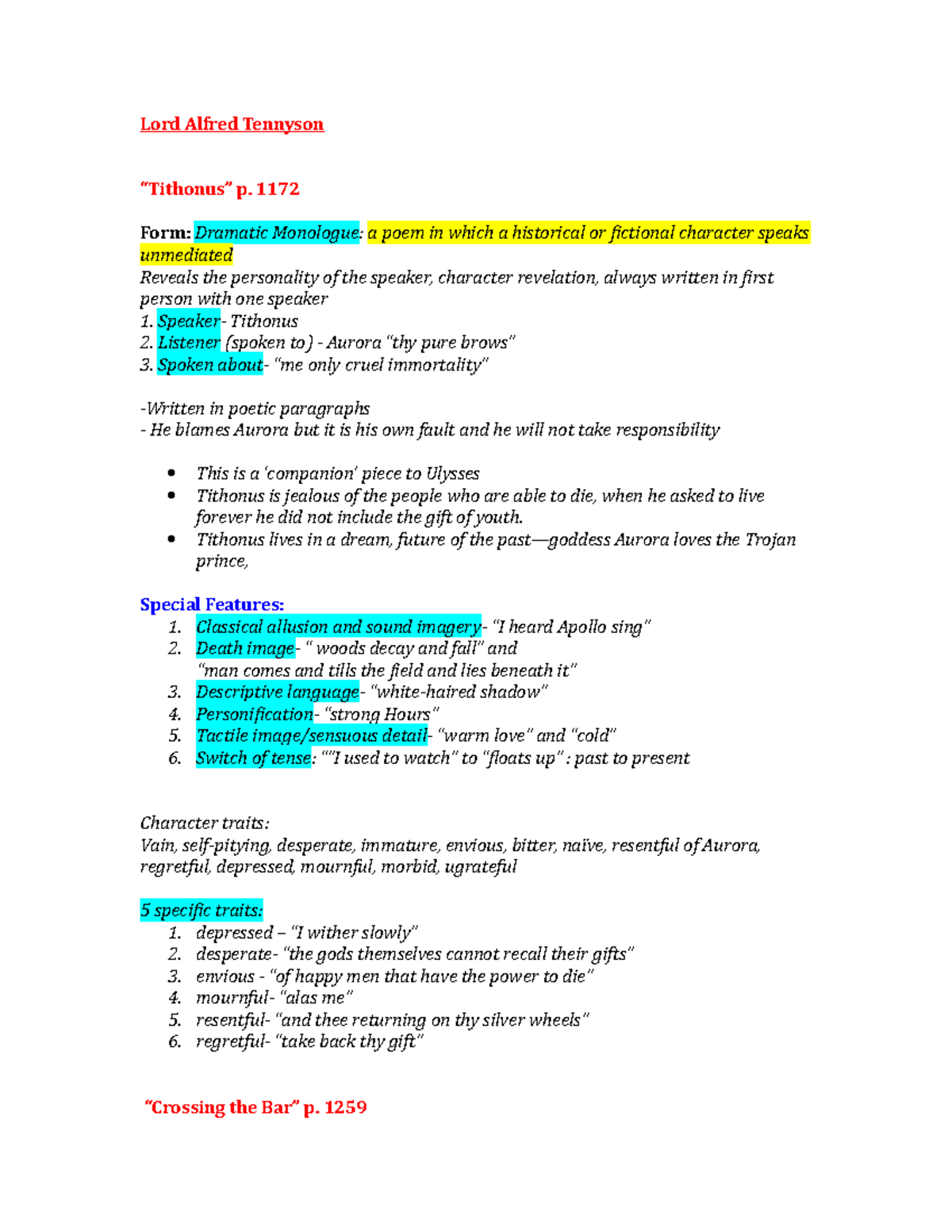 Tennyson - Lord Alfred Tennyson “Tithonus” p. 1172 Form: Dramatic ...