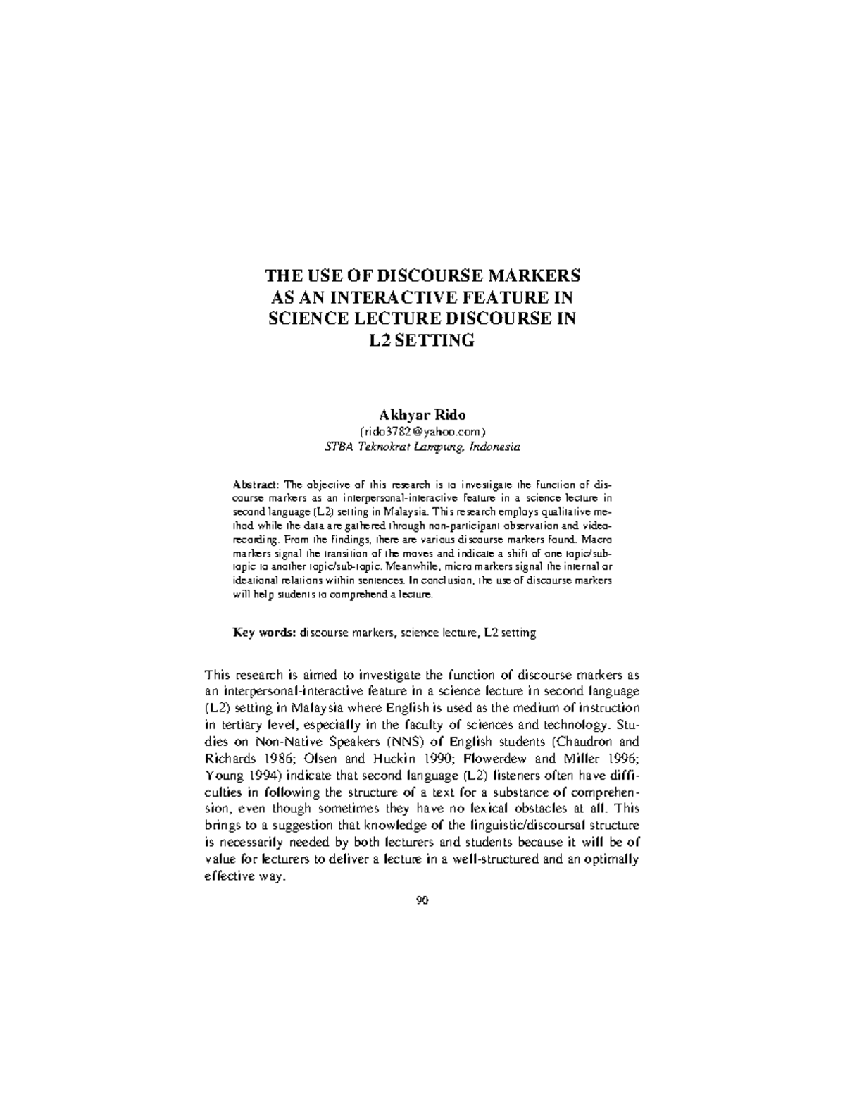 THE USE OF Discourse Markers AS AN Interactive Feature IN Science Lecture Discourse IN L2 ...