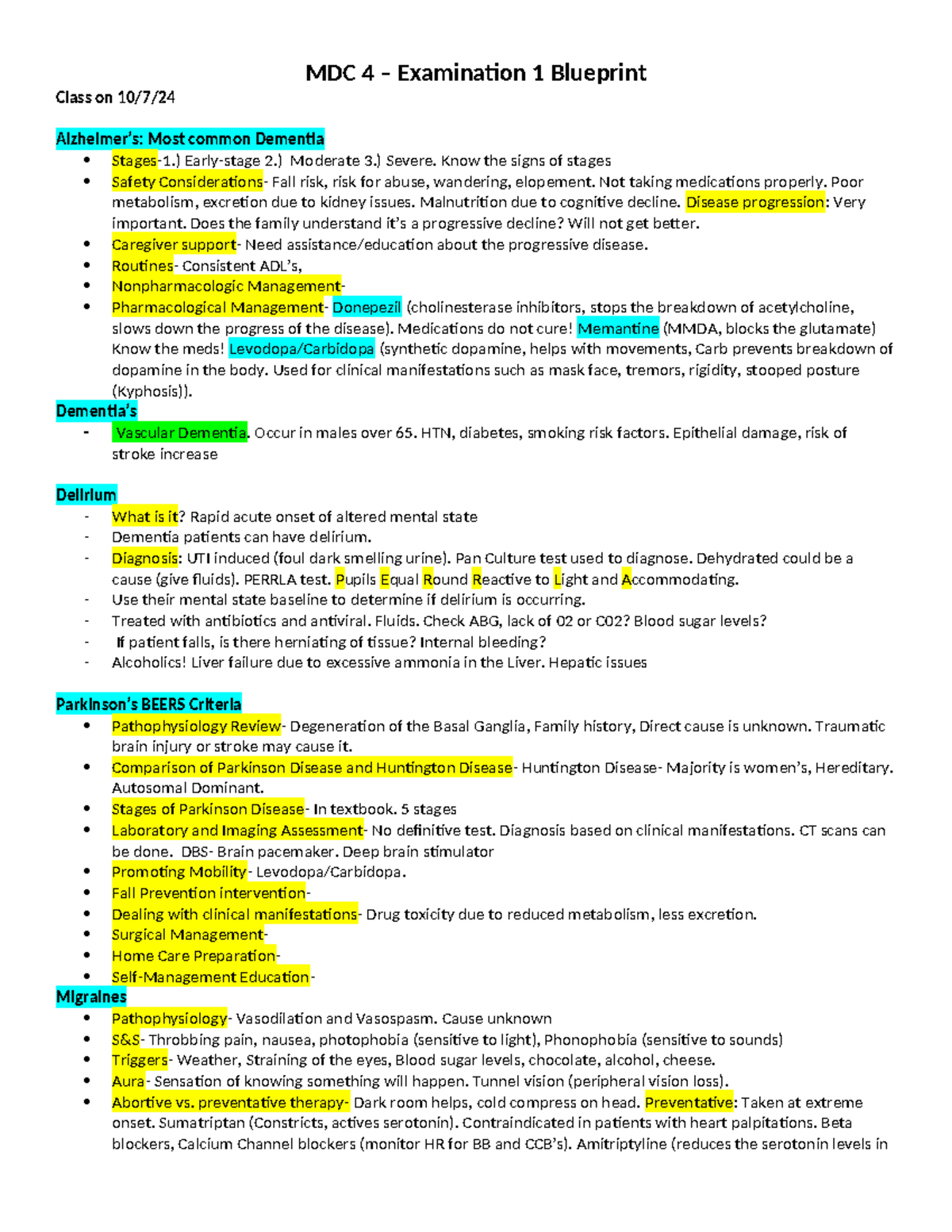 MCD4 Exam 1 Concept guide - MDC 4 – Examination 1 Blueprint Class on 10 ...
