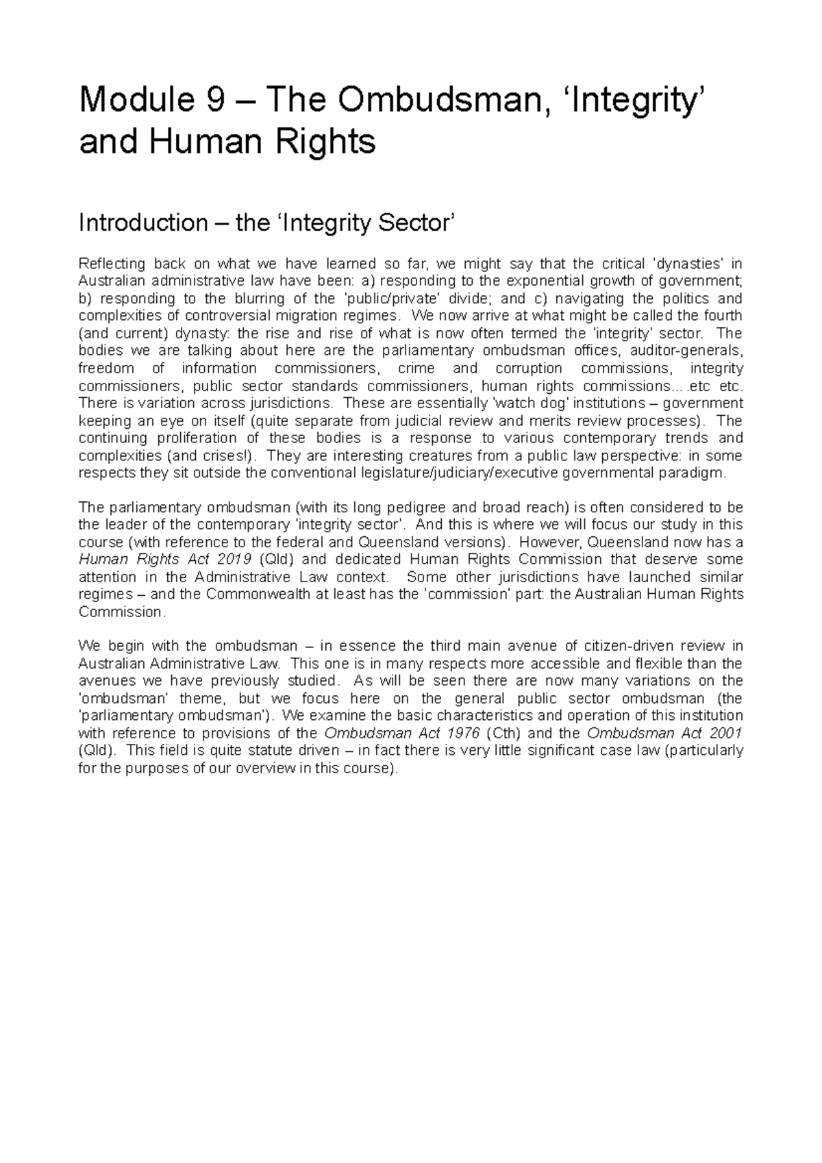 Module 08 Ombudsman etc 2023 - Module 9 – The Ombudsman, ‘Integrity’ and Human Rights ...