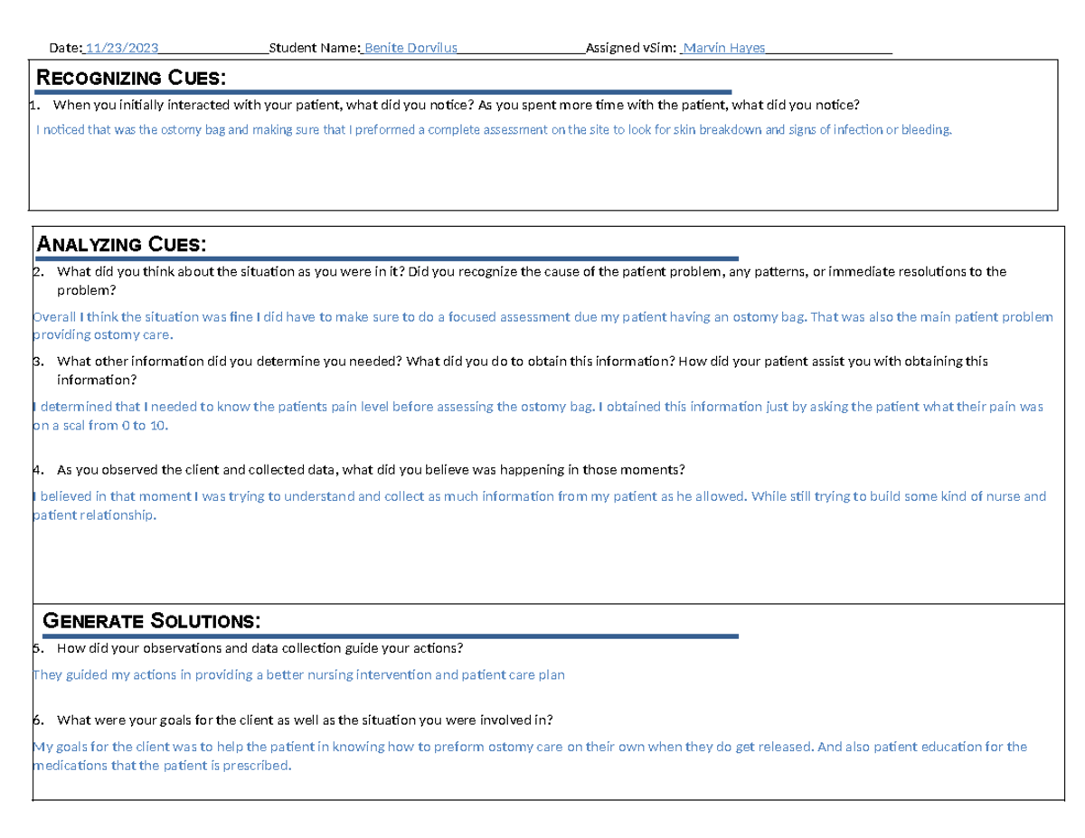 Marvin Hayes Post Sim Clinical Judgment Worksheet - Date: 11/23/2023 ...