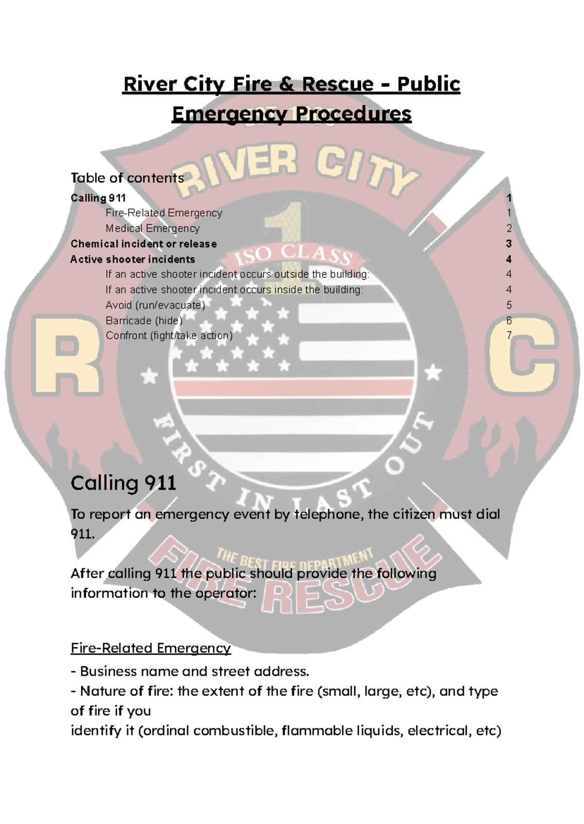 River City Fire Rescue - Public Emergency Procedures 1 - River City ...