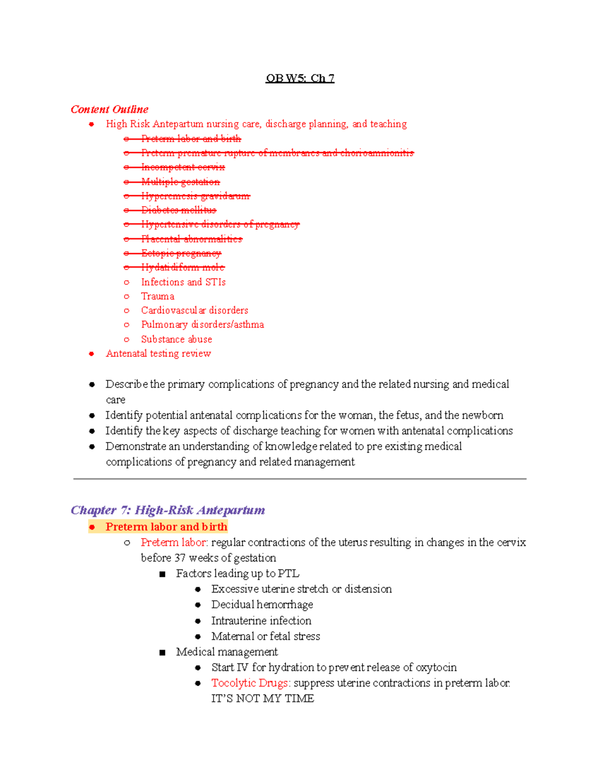 OB Week 5 Notes - OB W5: Ch 7 Content Outline High Risk Antepartum ...