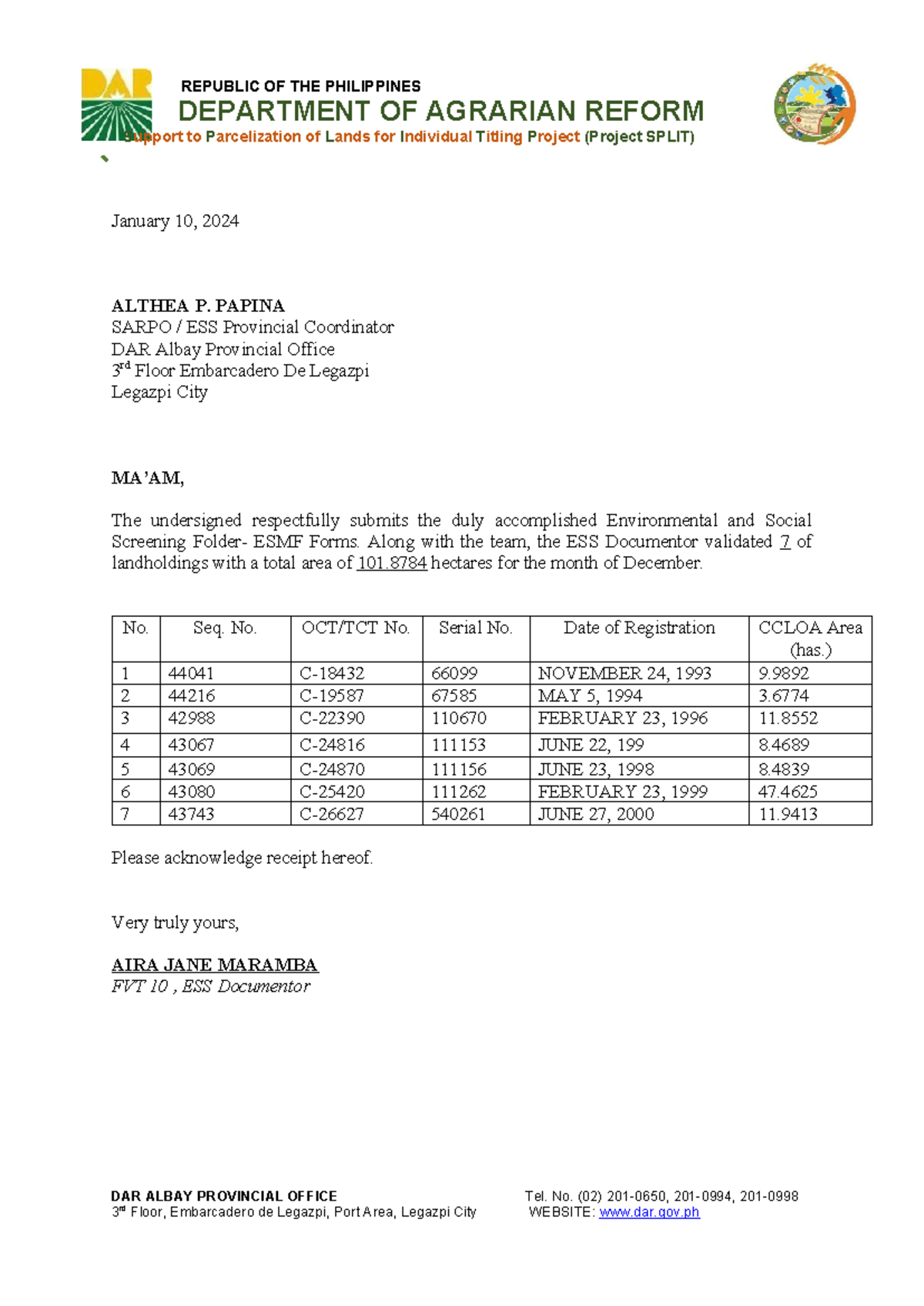Transmittal letter ESS FVT10 - REPUBLIC OF THE PHILIPPINES DEPARTMENT ...