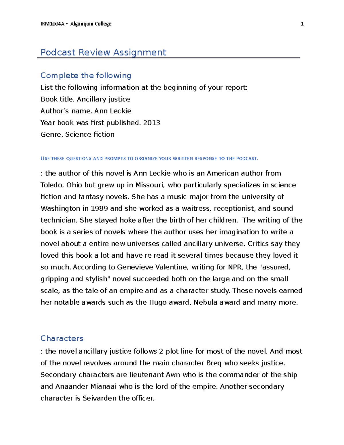 Podcast Review Assignment - IRM1004A ∙ Algonquin College 1 Podcast ...