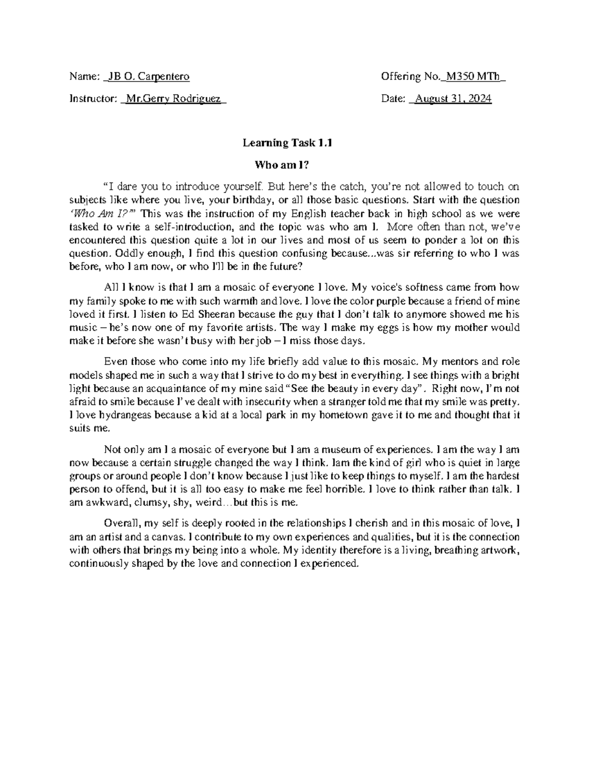 Carpentero LT 1 - Lesson 1.1 task 1. Writing about yourself after ...