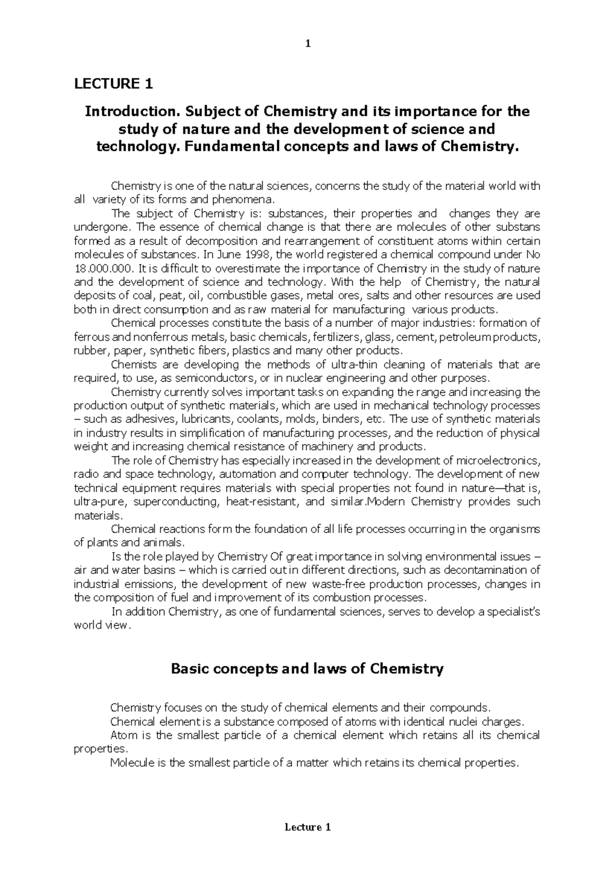 Lecture on chemistry - LECTURE 1 Introduction. Subject of Chemistry and ...
