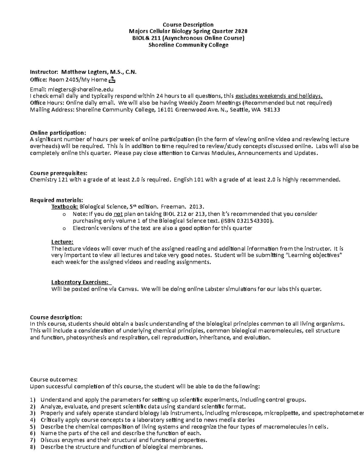 Bio 211 Sum 20 Online Syllabus - Course Description Majors Cellular ...