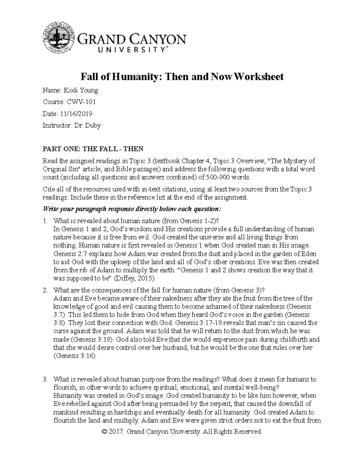 CWV 101 Topic 3 Fall Of Humanity Worksheet - Fall of Humanity: Then and ...