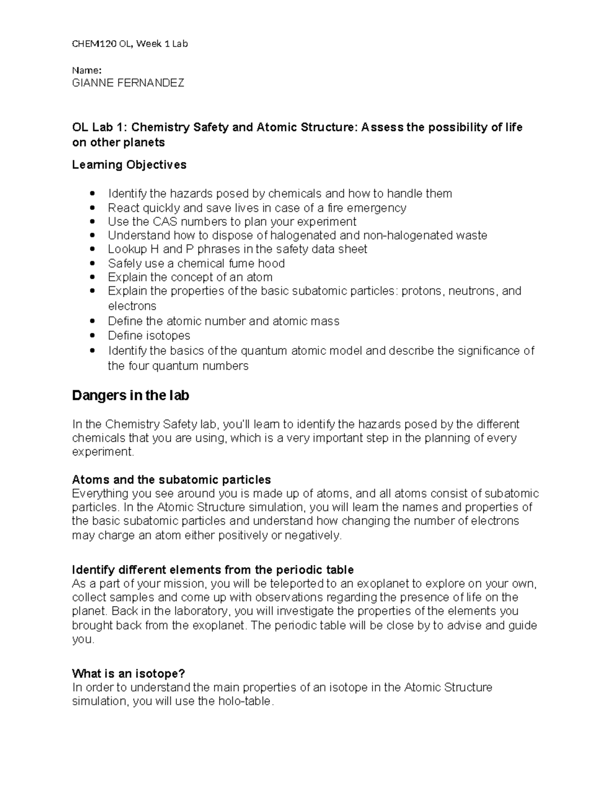 : Chemistry Safety and Atomic Structure: week 1 lab - Name: GIANNE ...